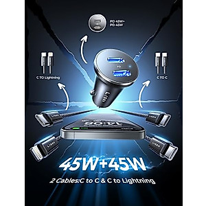 LISEN 90W USB C Car Charger Fast Charging, Dual USB C Port PD 45W Cigarette Lighter Adapter USB C Charger, Super Fast Car Charger USB C with Lightning Cable & USB C Cable for iPhone 15 Pro Max/Samsung