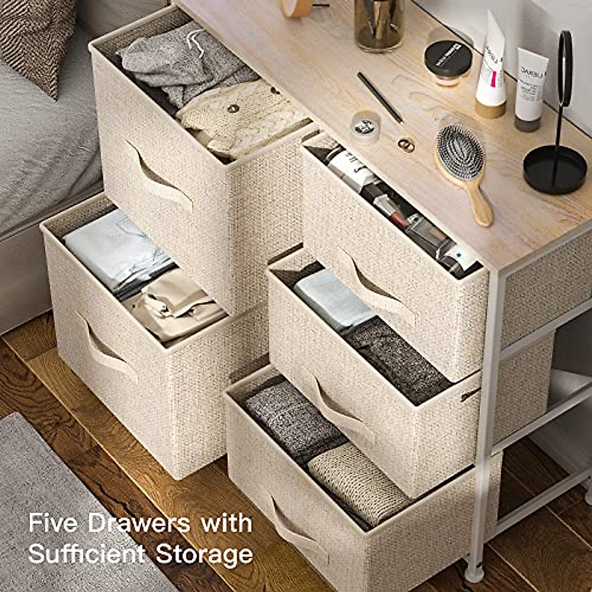 Pipishell Fabric Dresser, 5 Drawer Storage Chest Tower, Organizer Unit for Bedroom, Hallway, Entryway, Closets and Living Room -Sturdy Steel Frame, Wood Top, Easy Pull