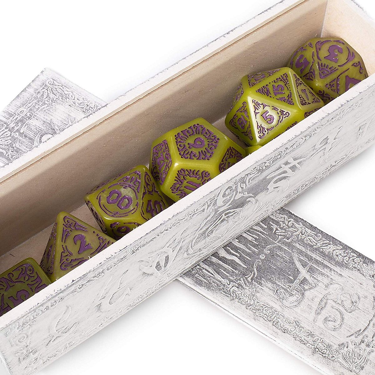 Wiz Dice Titan 25mm Dice - Large Polyhedral Dice Set for Various Role Playing Dice Games - Achlys 7 Cnt -DND Dice Set with a Wooden Dice Box - Includes D4, D6, D8, D10, D10(0), D12 & D20
