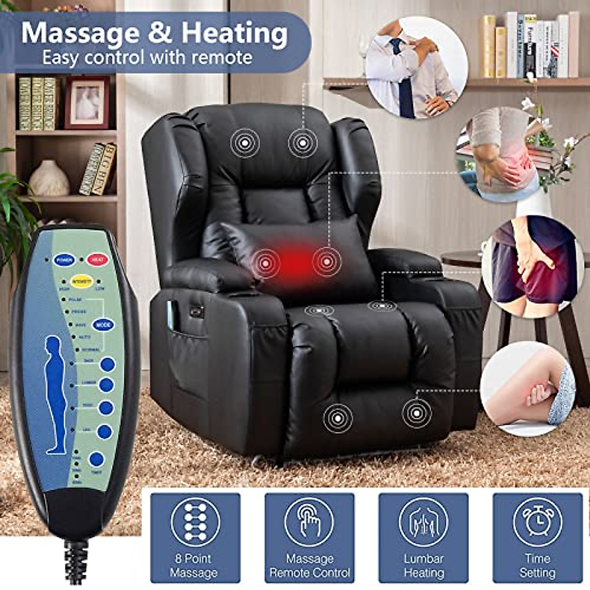 VUYUYU Power Recliner Chair with Heat and Massage, Faux Leather Recliner Sofa Chairs for Living Room Home Theater Seating with LED Lights/Cup Holders/Side Pocket/USB Port/Infinite Position (Black)