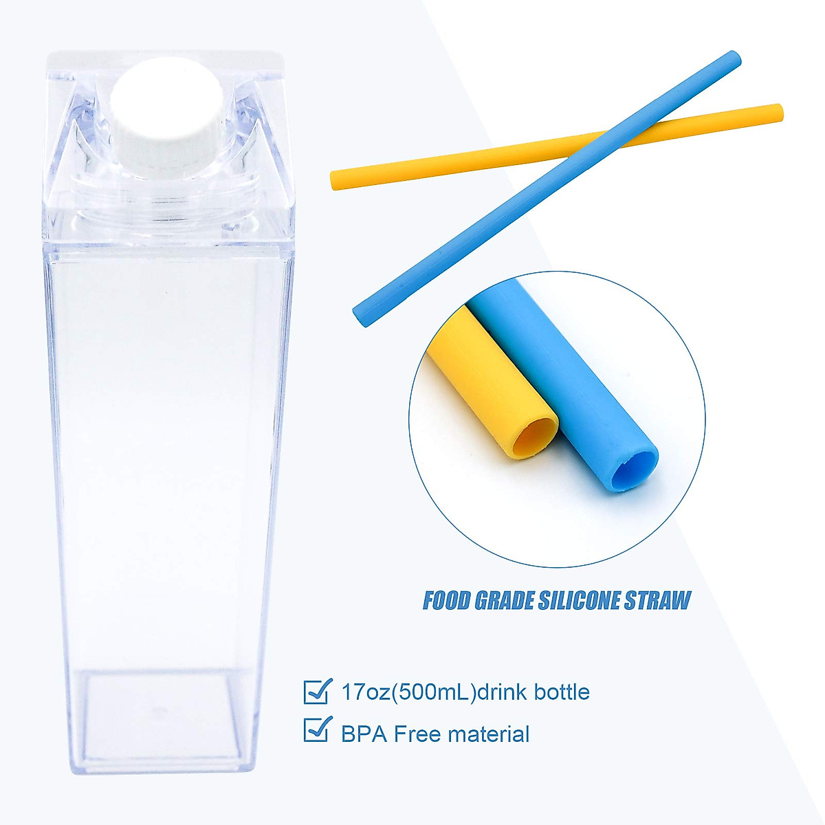 Bac-kitchen 2 Pack 17oz Milk Carton Water Bottle - Clear Square Milk Bottles BPA Free Portable Water Bottle with Straw and Bottle Brush for Outdoor Sports Travel Camping Activities