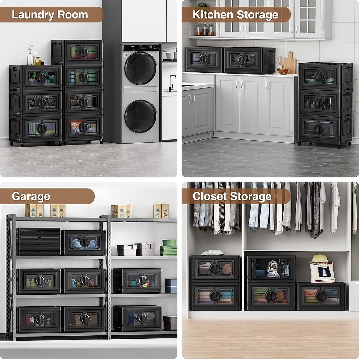 BROVIEW V9 112Gal Storage Bins with Lids, Stackable Collapsible Storage Bins with Wheels, Closet Organizers and Storage, Folding Plastic Cabinet with Doors for Home Office Garage, 4Pack Black