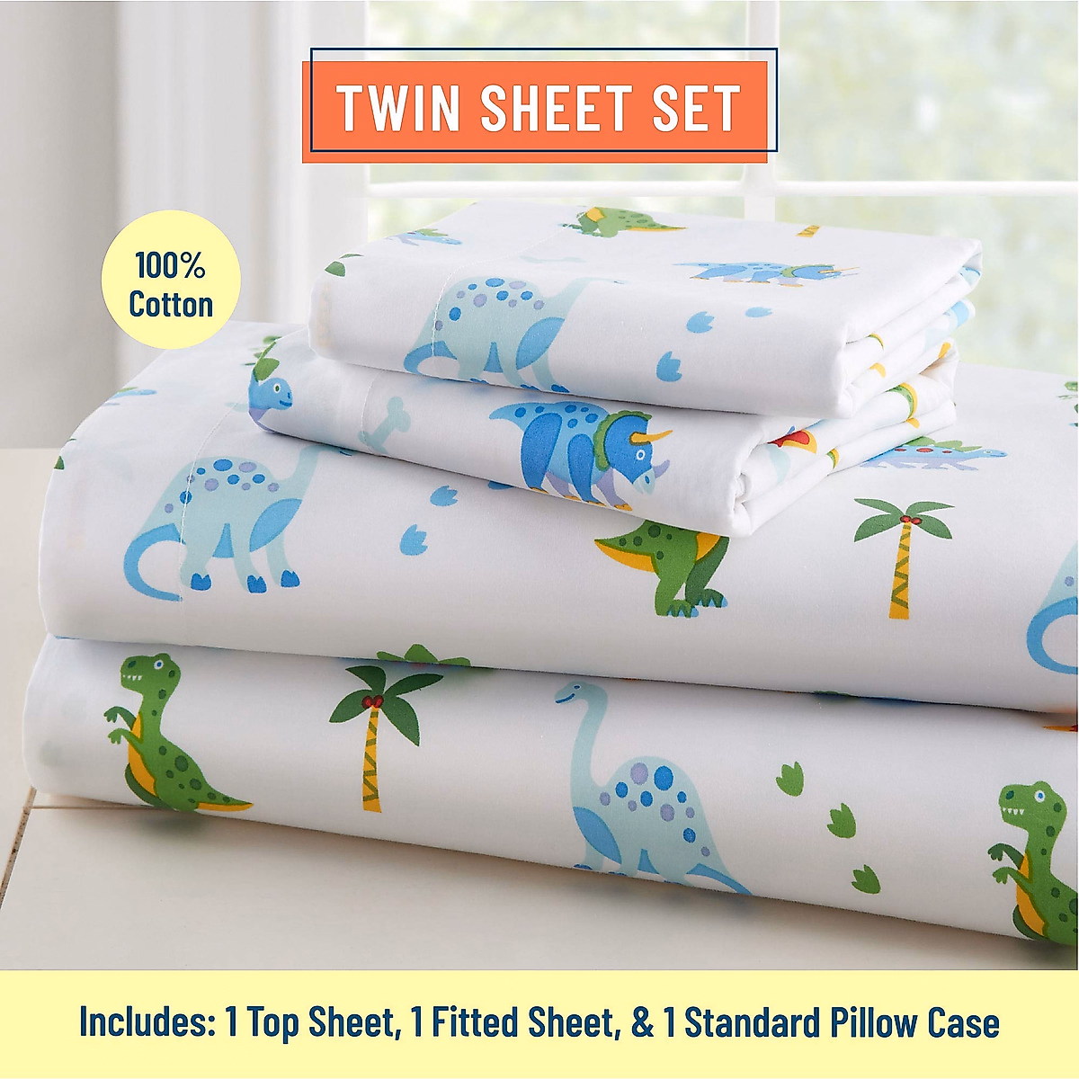 Wildkin Cotton Twin Sheet Set Bundle with Pajama Set Size 2T (Dinosaur Land)
