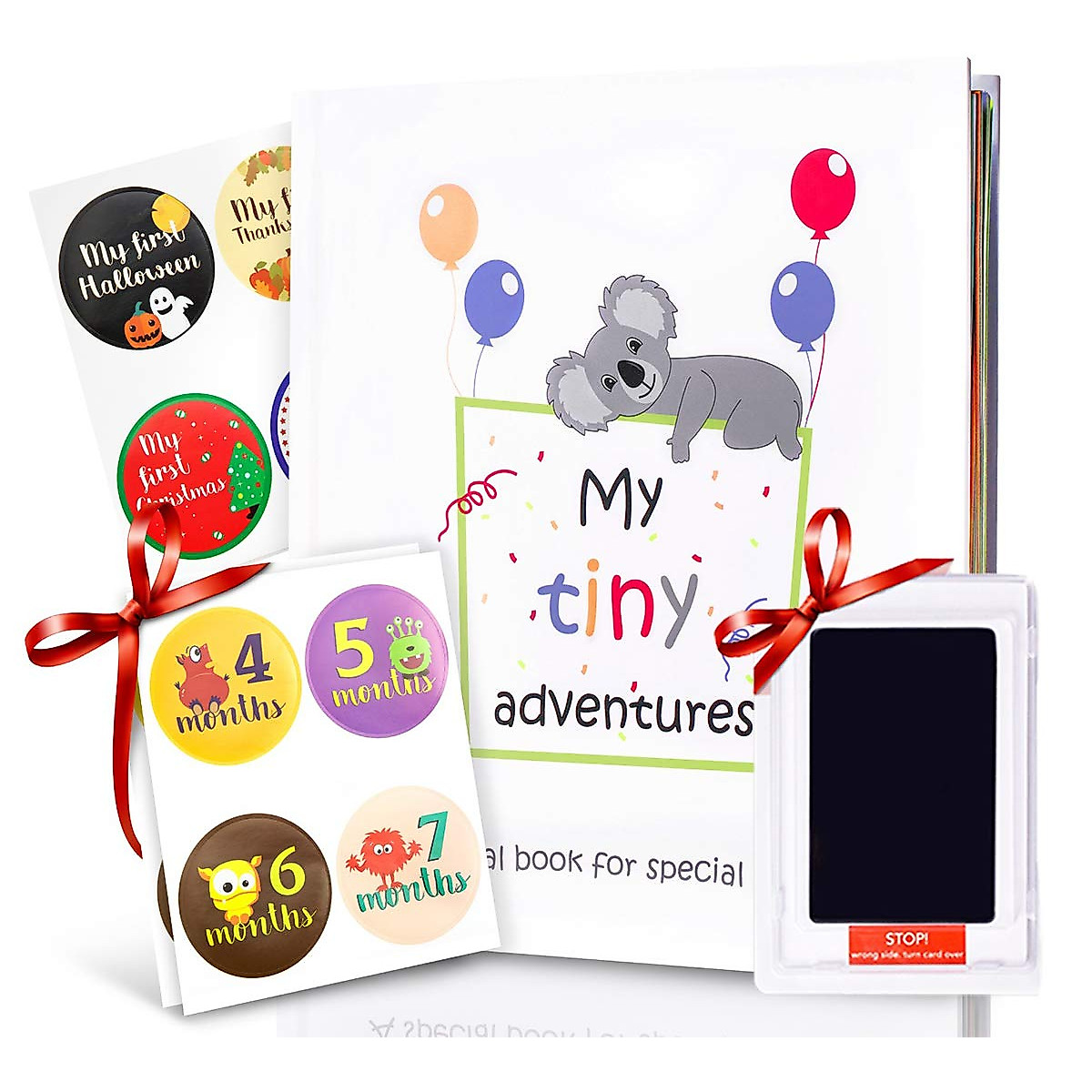 Baby Memory Book + Clean-Touch Ink Pad + 28 Monthly & Milestone Stickers. The Perfect Newborn Bundle for A New Mom by Tiny Gifts