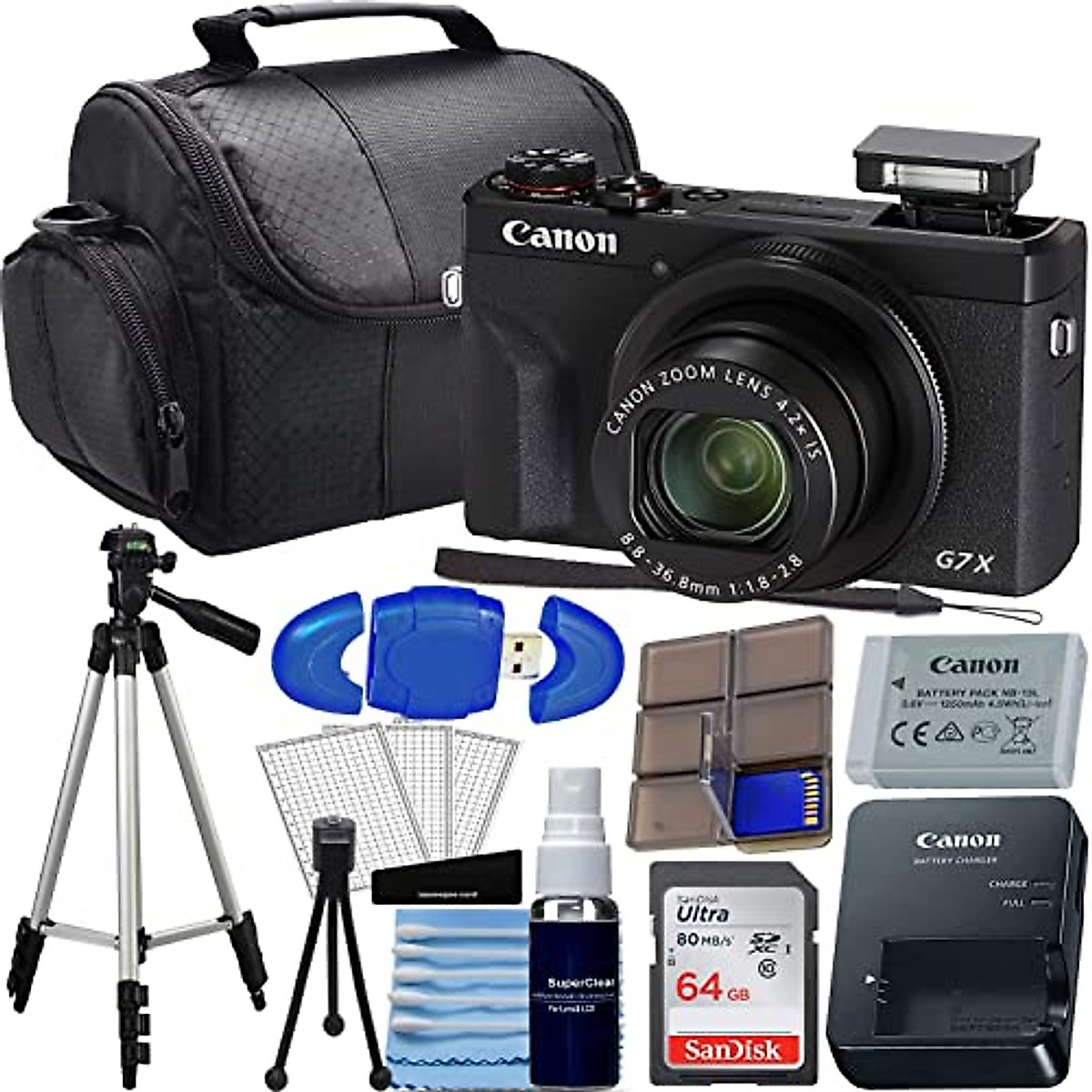 Camera PowerShot G7 X Mark II Digital Camera (Black) Bundle with SanDisk 64GB Memory Card, Full Size Tripod, High Speed Card Reader, Photo Kit (20 Items)