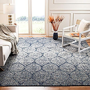SAFAVIEH Madison Collection 8' x 10' Navy / Silver MAD604G Glam Ogee Trellis Distressed Non-Shedding Living Room Bedroom Dining Home Office Area Rug