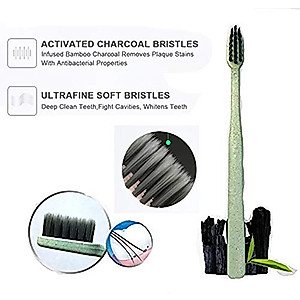 4 Pack Bamboo Charcoal Toothbrush Semilyn Wheat Straw Toothbrush Eco-Friendly ergonomic Soft Bristles Toothbrush Small Heads Superfine Teeth Comfortable for Sensitive Gums for Kid and Adult (4 Color)