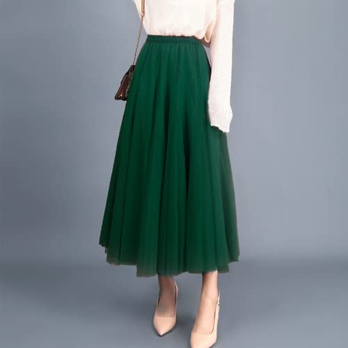 Daysskk Green Tulle Skirt for Women Midi Length Pleated Skirts for Women Long Length Womens Flowy Skirts Mesh Skirts Women's Skirt A-Line 33"