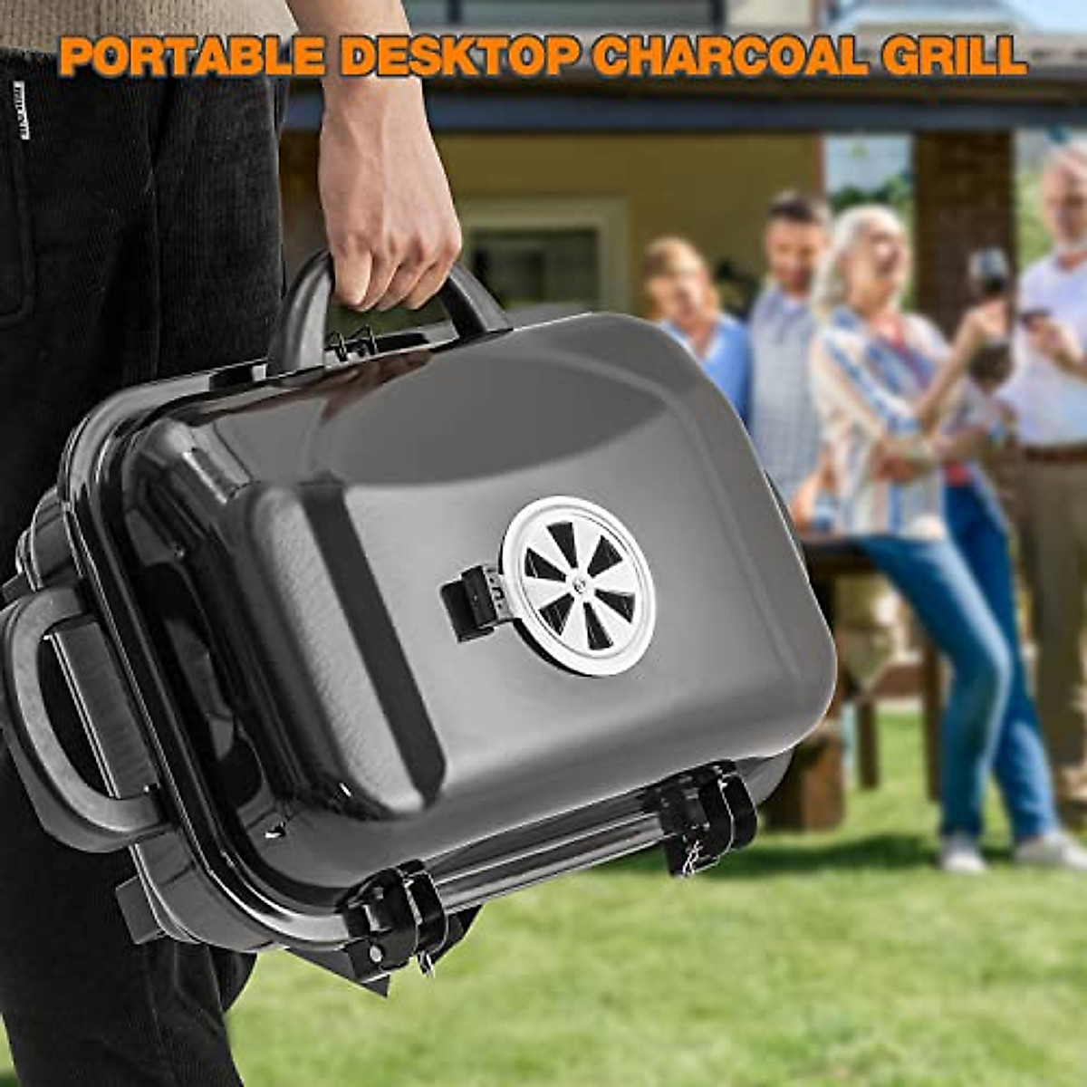 Portable Charcoal Grill Outdoor BBQ for Camping Folding Tabletop Grill with Lid for Outdoor Cooking Picnic Black