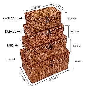YIFANZHIBIAN Multifunction Seagrass Basket, Woven Storage Baskets, Handwoven Rectangular Straw Basket, Stackable and Hyacinth Basket with Lid for Home Organization (Large, Caramel Color)