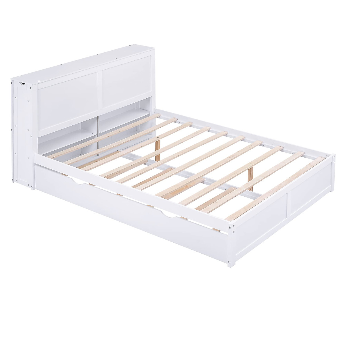 Lifeand Queen Size Storage Platform Wooden Bed with Pull Out Shelves and Twin XL Size Trundle, White