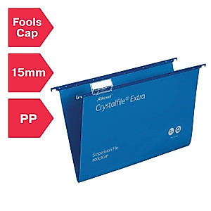 Rexel Foolscap Heavy Duty Suspension Files with Tabs and Inserts for Filing Cabinets, 15 mm Base, Polypropylene, Blue, Crystalfile Extra, Pack of 25, 70630