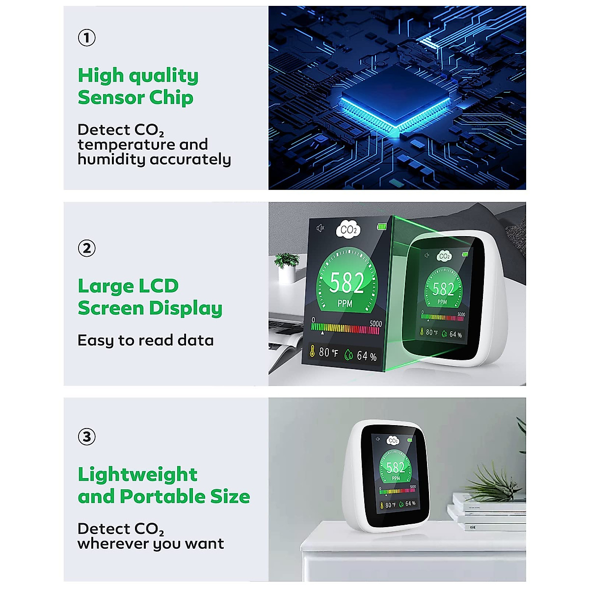 CO2 Carbon Dioxide Detector, 4-in-1 Indoor Air Quality Monitor Portable CO2 Monitor, Tester for Carbon Dioxide, Temperature and Relative Humidity, CO2 Meter with Alarm, for Grow Tents, Homes, Cars