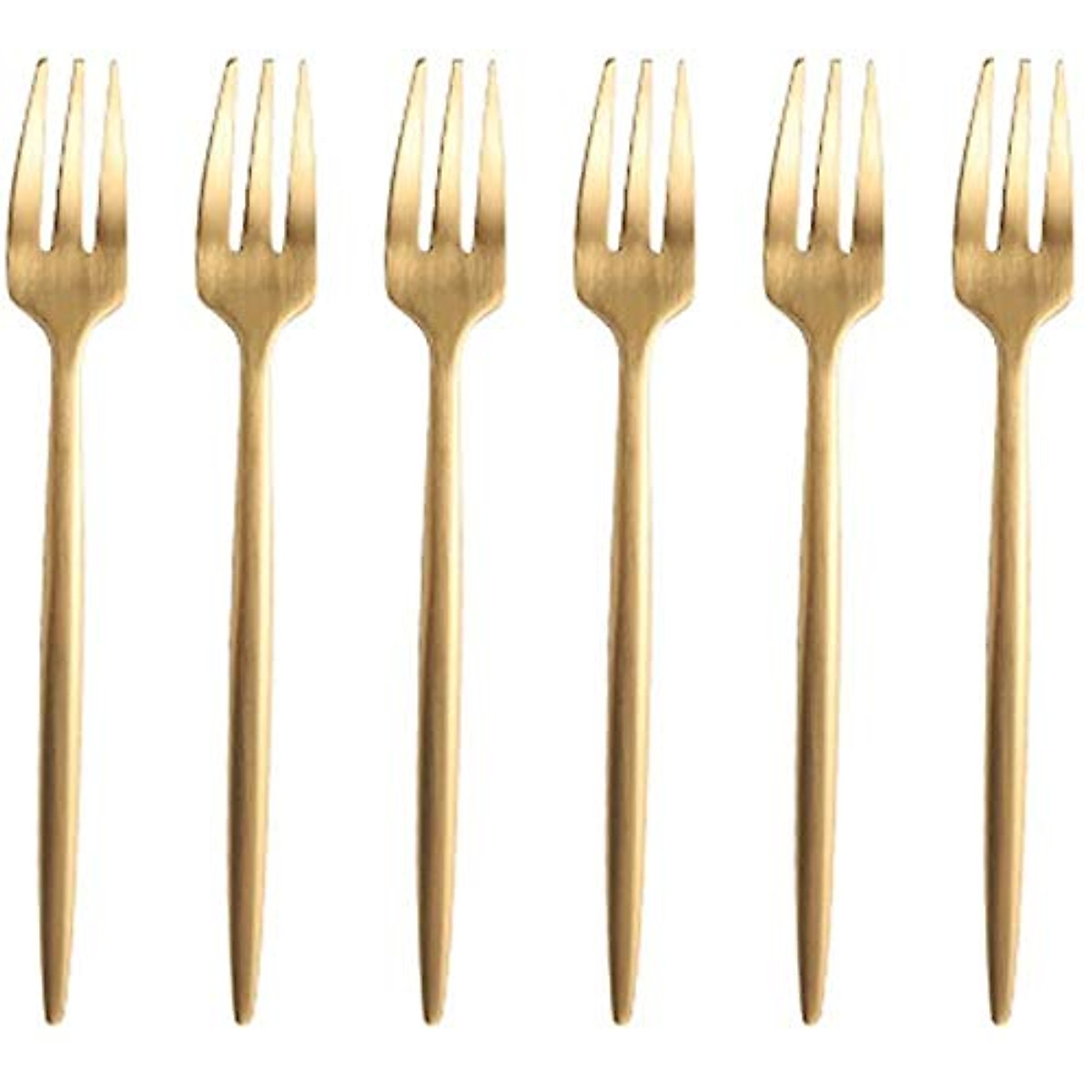 BRIIEC Gold 18/10 Stainles Steel Cake Forks Set 3 Tines Fruit Salad Fork, Slim Cutlery for Kitchen Hotel Restaurant Wedding Party, Matte Finish, Dishwasher Safe, Pack of 6