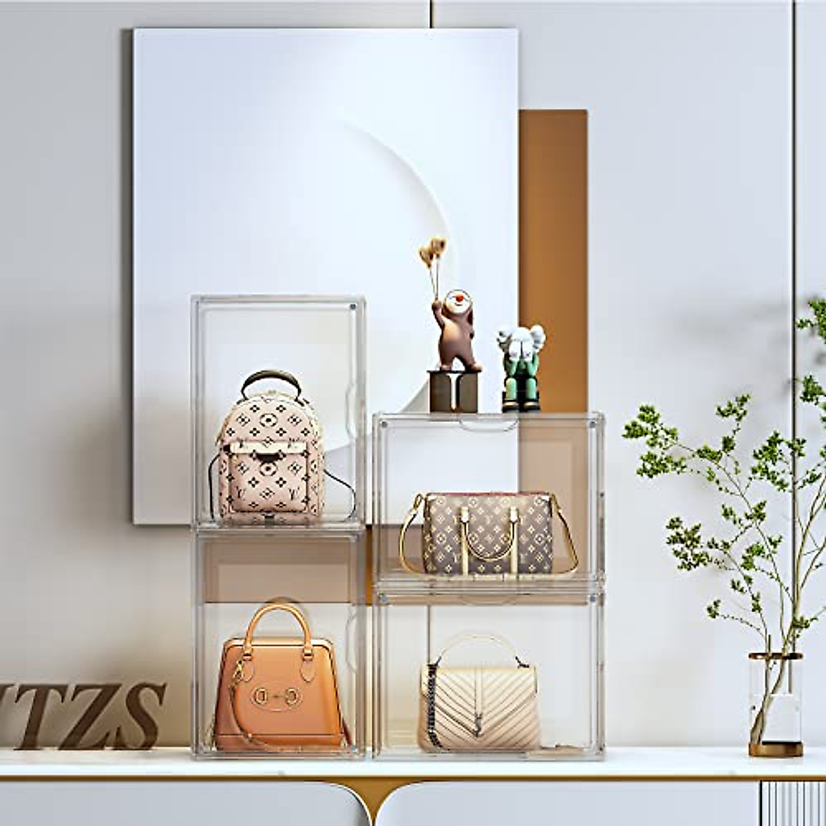 Clear Handbag Storage Organizer, 3 Packs Acrylic Display Case for Purse and Handbag Storage Organizer for Closet, Stackable Purse Display Boxes with Magnetic Door for Collectibles, Wallet, Toys…