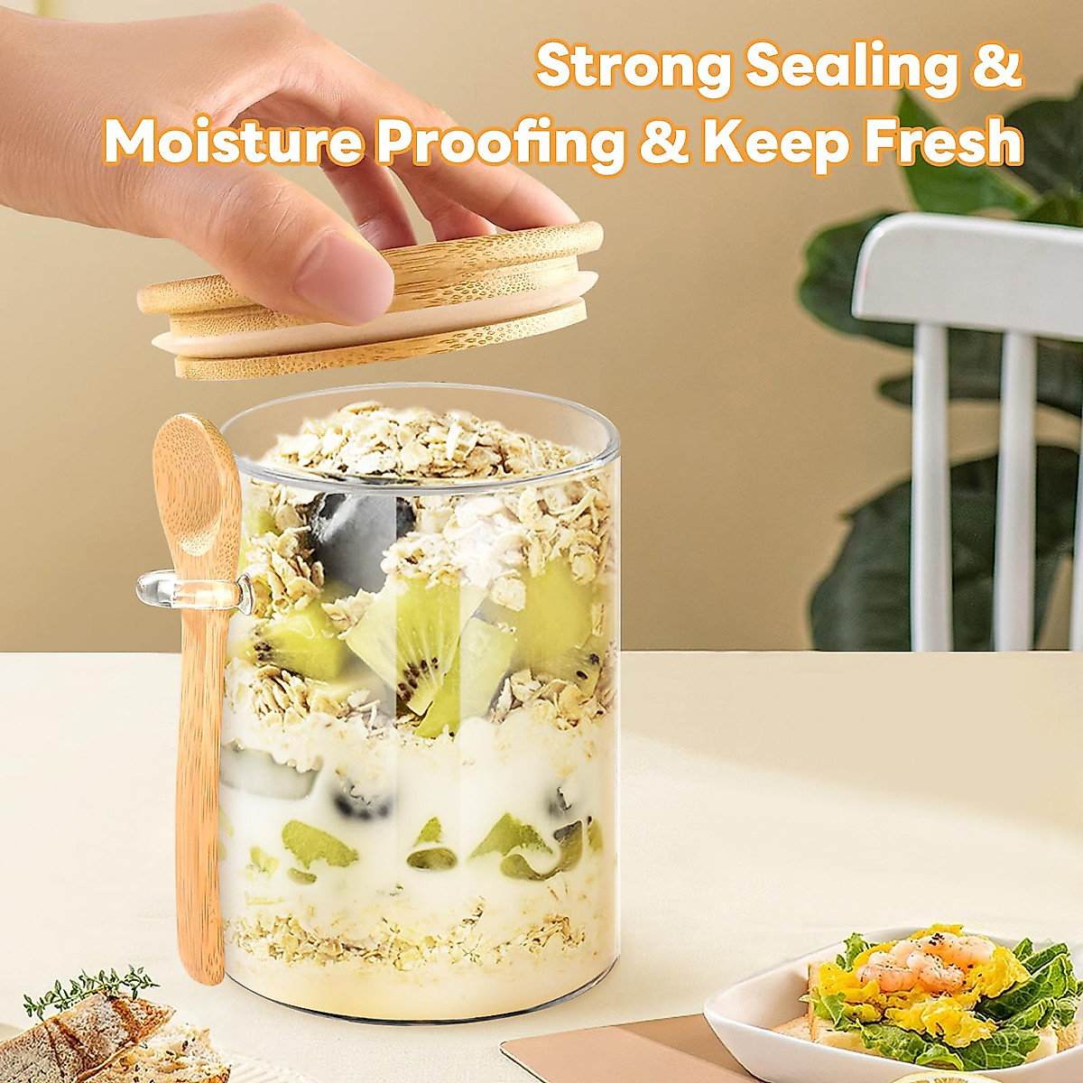 2 Pack 25oz Large Overnight Oats Containers with Lids, Overnight Oats Jars with Spoons, Glass Jars with bamboo Lids,salad jars with lids meal prep for Chia Seed Pudding Yogurt Cereal Coffee Flour