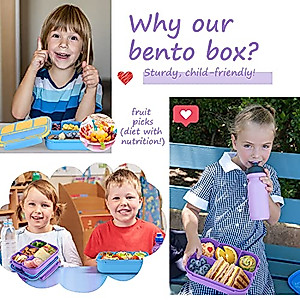QQKO Bento Lunch Box for Kids Girls Boys, Toddler Kids Lunch Boxes for School, Lunch Containers for Adults Kids with 4 Compartments, Sauce Container, Utensils, Food Picks and Muffin Cups, Purple