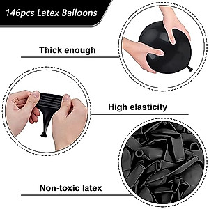 RUBFAC Black Balloons, 146 pcs Different Sizes Pack of 36 18 12 10 5 Inch for Balloon Garland or Balloon Arch as Graduation Wedding Birthday Baby Shower Anniversary Party Decorations