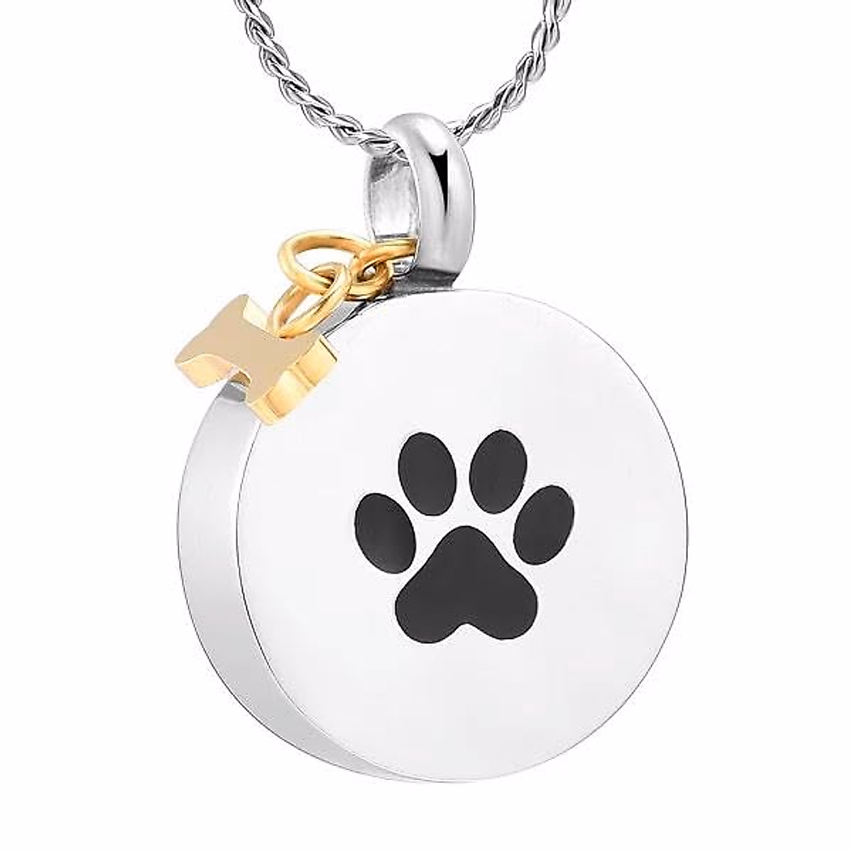 MYPOWER Pet Paw Print Round Cremation Jewelry for Ashes Pendant Golden Dog Bone Stainless Steel Holder Urns Pet Memorial Necklace