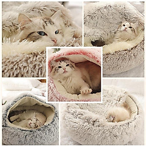 Geizire Small Dog Bed & Cat Bed, Round Donut Calming Cat Beds, Anti-Anxiety Cave Bed with Hooded Blanket for Warmth and Security - Machine Washable, Water/Dirt Resistant Base (Up 6 Pound)