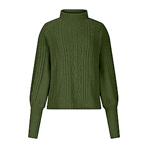 Casual Knitted Sweater Tops for Women Cable Knit Lantern Sleeve High Neck Sweaters Fall Winter Warm Pullover Jumpers Army Green
