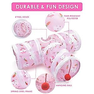 Bissap Rabbit Tunnel, 9.8'' Collapsible Bunny Tunnel and Tube 3 Ways Pet Hideout with 1 Play Ball for Indoor Kittens Dwarf Rabbits Bunnies Guinea Pigs Chinchillas Small Animal Activity Fun Toys (Pink)