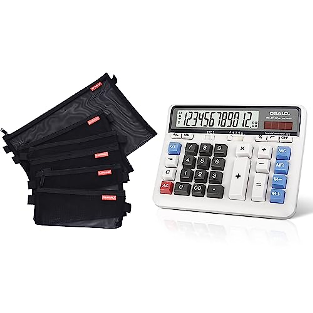 Desktop Calculator and 5pcs Mesh Zipper Pouch Bundle, 12-Digit Battery Solar Powered LCD Display Big Button Calculator, A4 A5 A6 Lightweight Nylon File Folders Document Organizer Cosmetic Bags