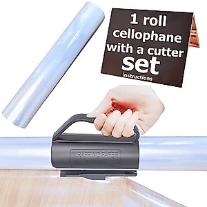 THMORT Clear Cellophane Wrap Roll with a Cutter Dispenser Set for Gift Wrap 16 Inch X 100 Feet Fruit Food Package Thick Cellophane Roll for Basket Gift Arts Craft wrapping Cellophane