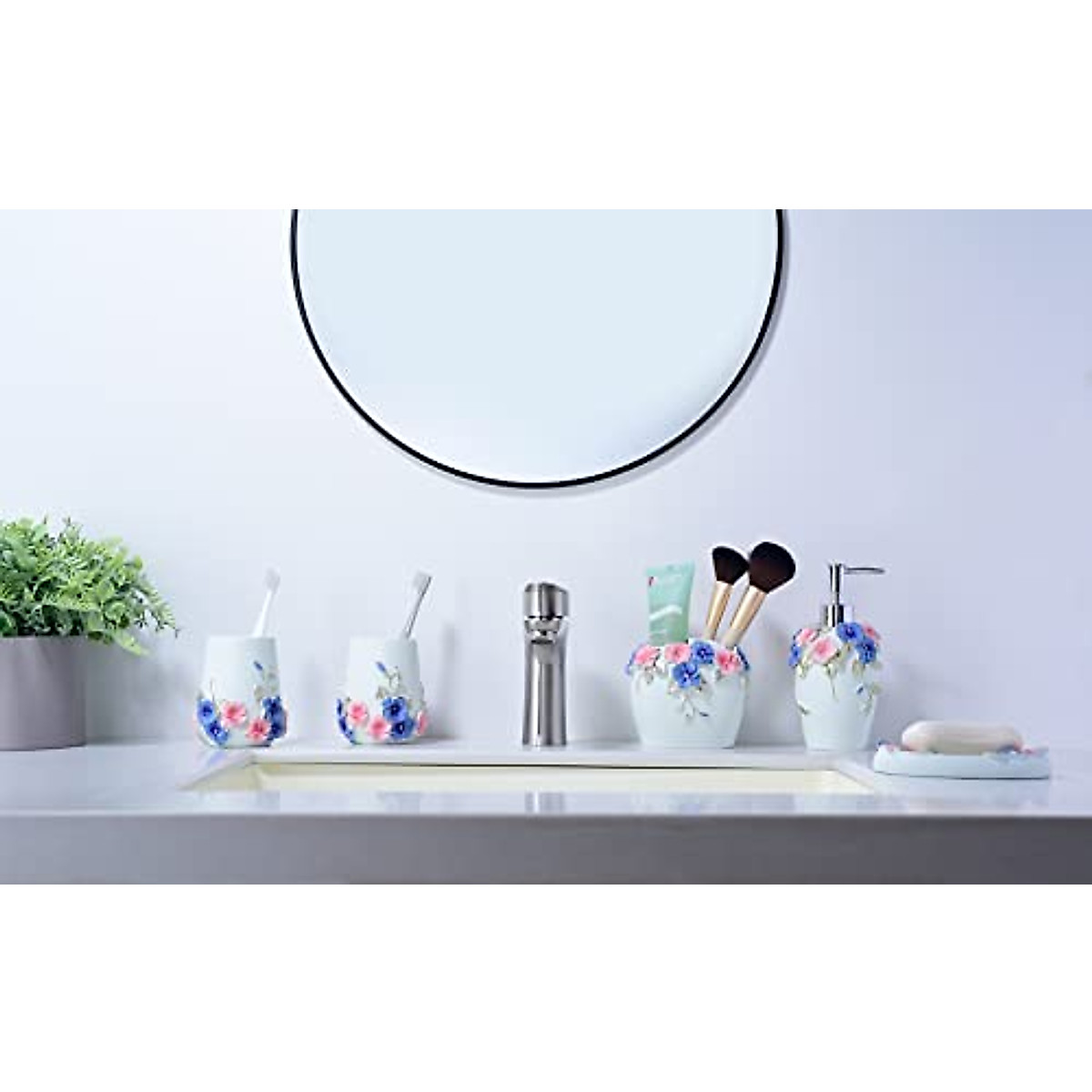 Ximlike Floral Bathroom Accessories Set Light Green, 5-Piece Resin Bathroom Completes Set Flower Pattern, Toothbrush Holder, Soap Dispenser, Tumbler, Soap Dish, Bathroom Vanity Organizer Decor Sets