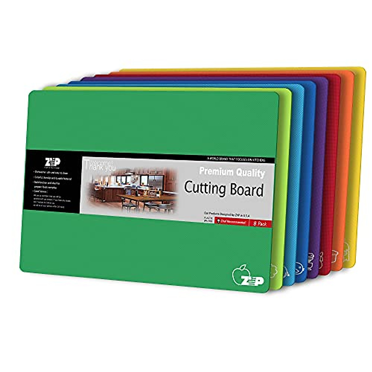 ZVP Flexible Plastic Cutting Board Mats Set of 8, Colorful Chopping Boards with Food Icon for Kitchen, BPA Free, Non-Slip Back, Dishwasher Safe, Non Porous