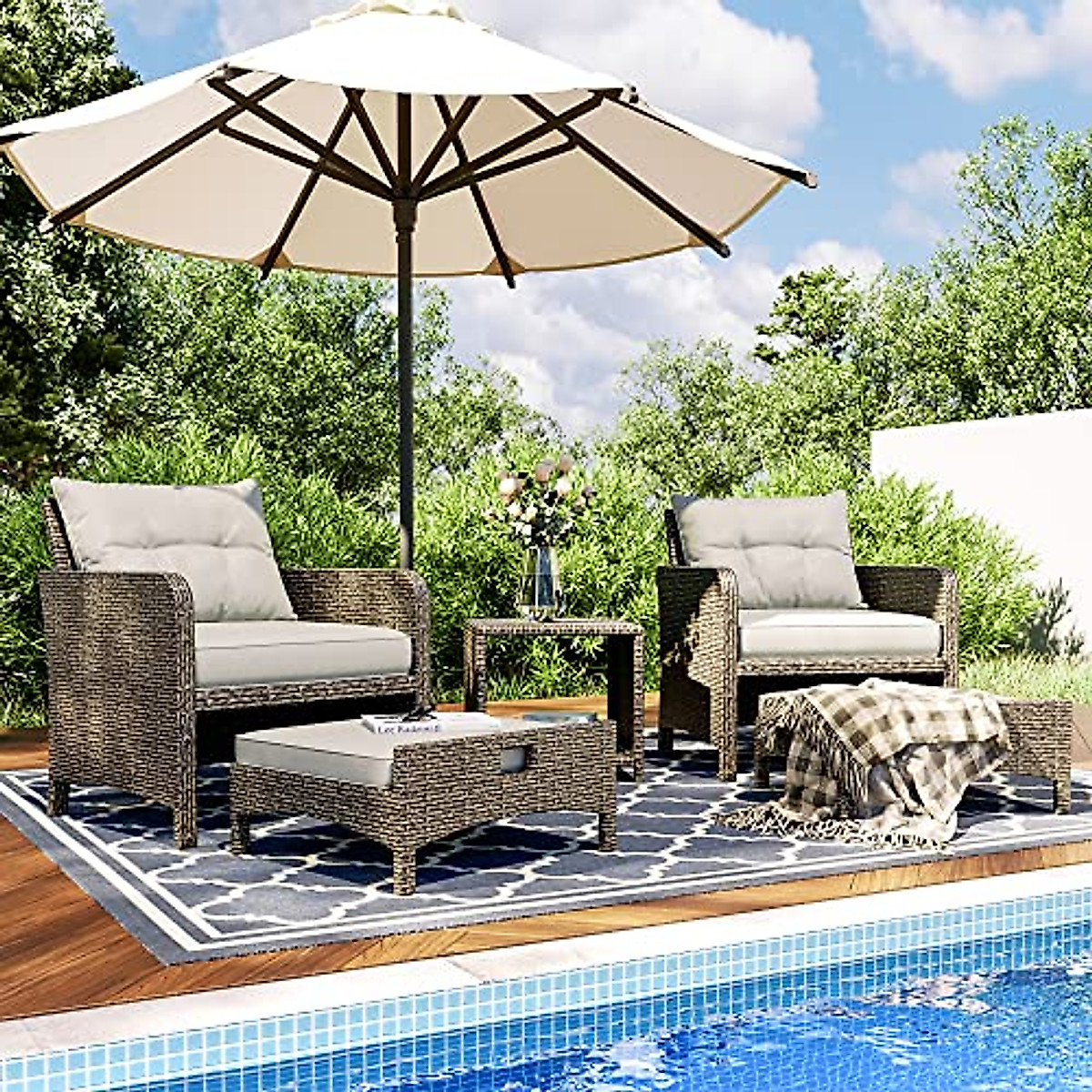 Pamapic 5 Pieces Wicker Patio Furniture Set Outdoor Patio Chairs with Ottomans Conversation Furniture with coffetable for Poorside Garden Balcony(Grey Cushion +Grey Rattan)…