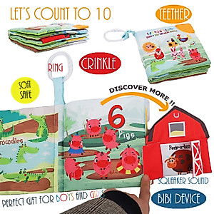 Touch and Feel Cloth Crinkle Books for Babies Infant, Baby Books Toys 0-3-6-12-18 Months, Christmas Shower Baby Gift, High Contrast Toys,Teething Teether,Tummy Time Mirror Toy for Boys and Girls-Farm