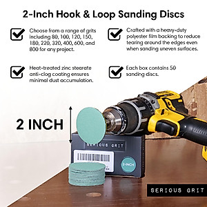 Serious Grit - 2-Inch Sanding Disc Assortment - 80 120 150 180 220 Grit (10/Each) Heavy-Duty Hook & Loop Film Discs - Sandpaper for Woodturning & Drill Attachment Sanding Pads - 50 Pack