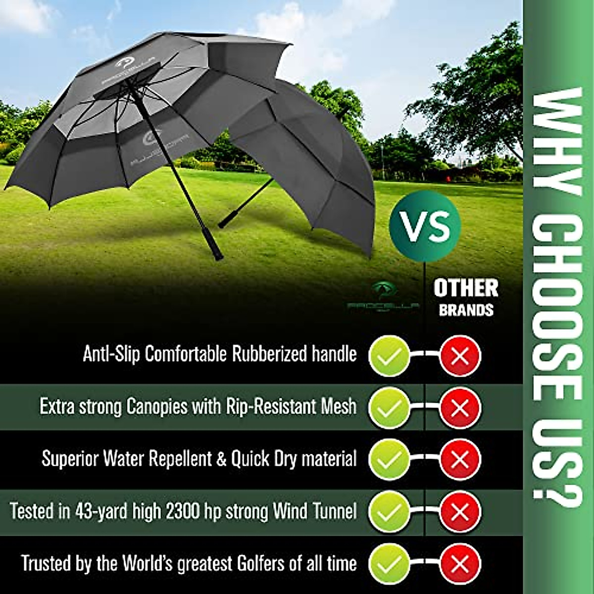 Procella 62 Inch Golf Umbrella Extra Large Automatic Open Windproof Waterproof Double Canopy Selected by World Top Golfers Oversize Vented Stick Umbrellas for Rain Best Golf Gifts for Men and Women