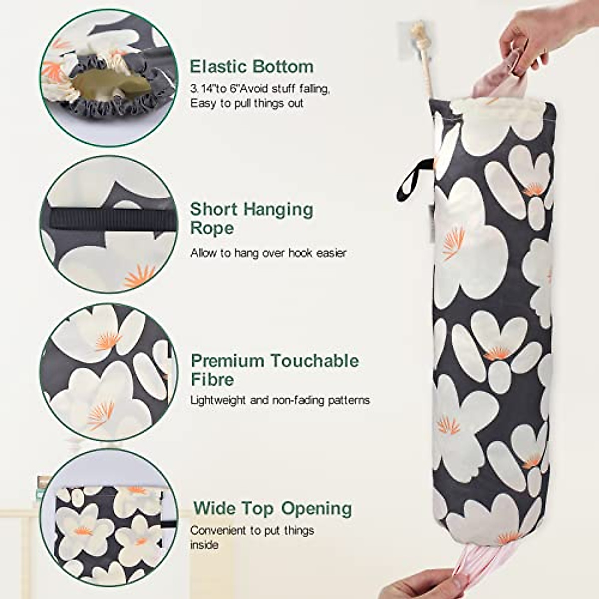 TOGETRUE Plastic Bag Holder, Wall Mount Floral Grocery Bag Holder, Reusable Shopping Bag Storage Holder Organizer for Kitchen Pantry (Basic Black)