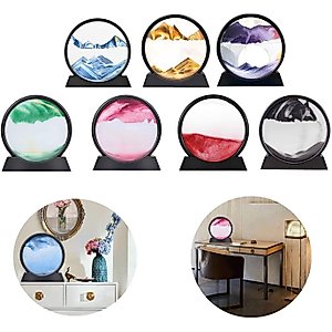 XKSWAMZ 3D Flowing Sand Painting, Moving Sand Art Decor, 3D Hourglass Round Natural Landscape Glass Sand Frame, Quicksand Painting Desktop Ornaments for Home and Office Decor (7 inches, Blue)