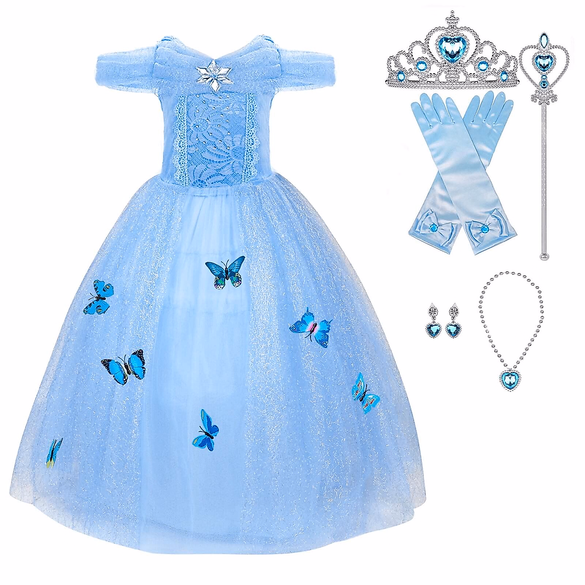 GJDAMFD Girls Dress up Costume Blue Butterfly Princess Dresses with Accessories for Little Girls 3-4T