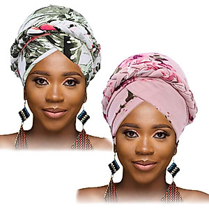 Woeoe African Turban Head Wrap Pink Pattern Head Scarf Soft Flower Print Head Cover Cap Headwear for Women and Girls(Pack of 2)