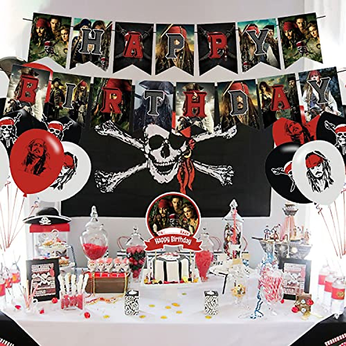 Pirates of the Caribbean Party Decorations,Birthday Party Supplies For Depp Pirate Hat Party Supplies Includes Banner - 12 Cake Toppers - 18 Balloons - 50 Pirates Stickers