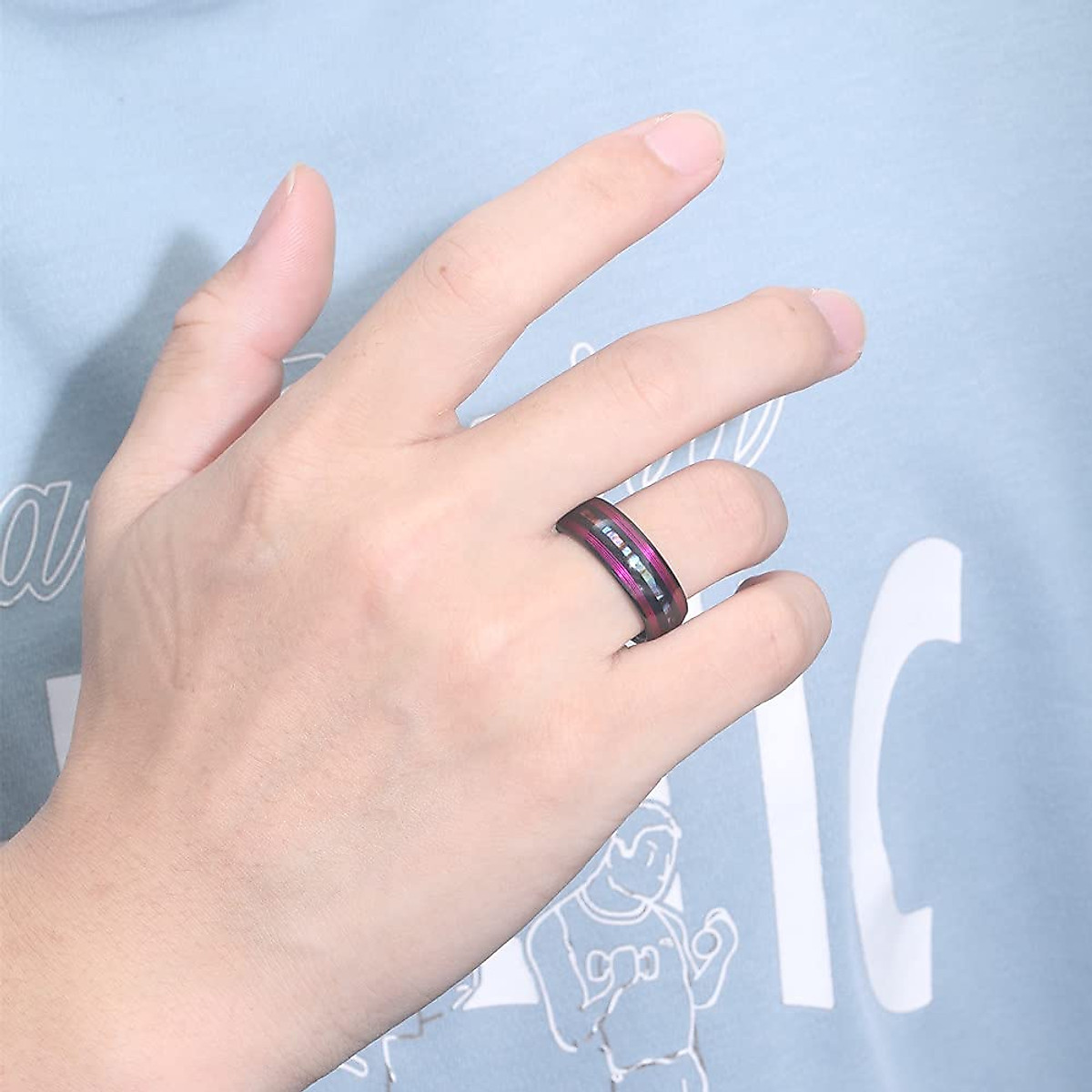 Corato 8mm Abalone Shell Wedding Ring for Men Women Domed Black Rings Tungsten Engagement Band with Purple Guitar String Size 9