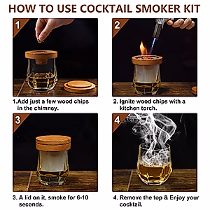 Cocktail Smoker Kit - Bourbon Drink Smoker & 4 Flavors Wood Chips-Old Fashioned Chimney Drink Smoker Kit for Infuse Whiskey, Cocktail, Wine, Meat, Cheese -Gift for Whiskey Lovers, Dad, Husband, Men