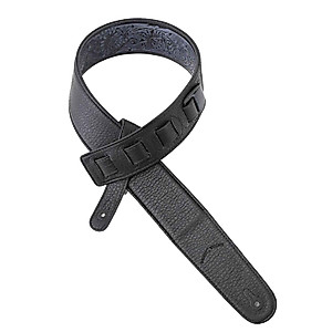 Walker & Williams DLX-282 Handmade Brushed Black Padded Guitar Strap with Embossed Tooling For Acoustic, Electric, And Bass Guitars