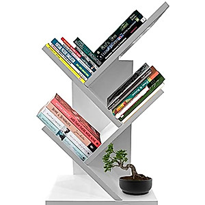 STEADYZ Solid Wood Tree Bookshelf, Modern Geometric Bookcase for Small Spaces and Small Rooms, Desktop Tabletop Kitchen Organizer, White