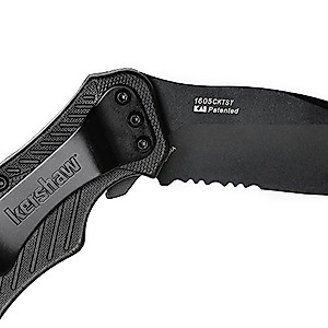 Kershaw Clash Black Serrated Pocketknife, 3" 8Cr13MoV Steel Drop Point Blade, Assisted One-Handed Flipper Opening, Folding Utility EDC