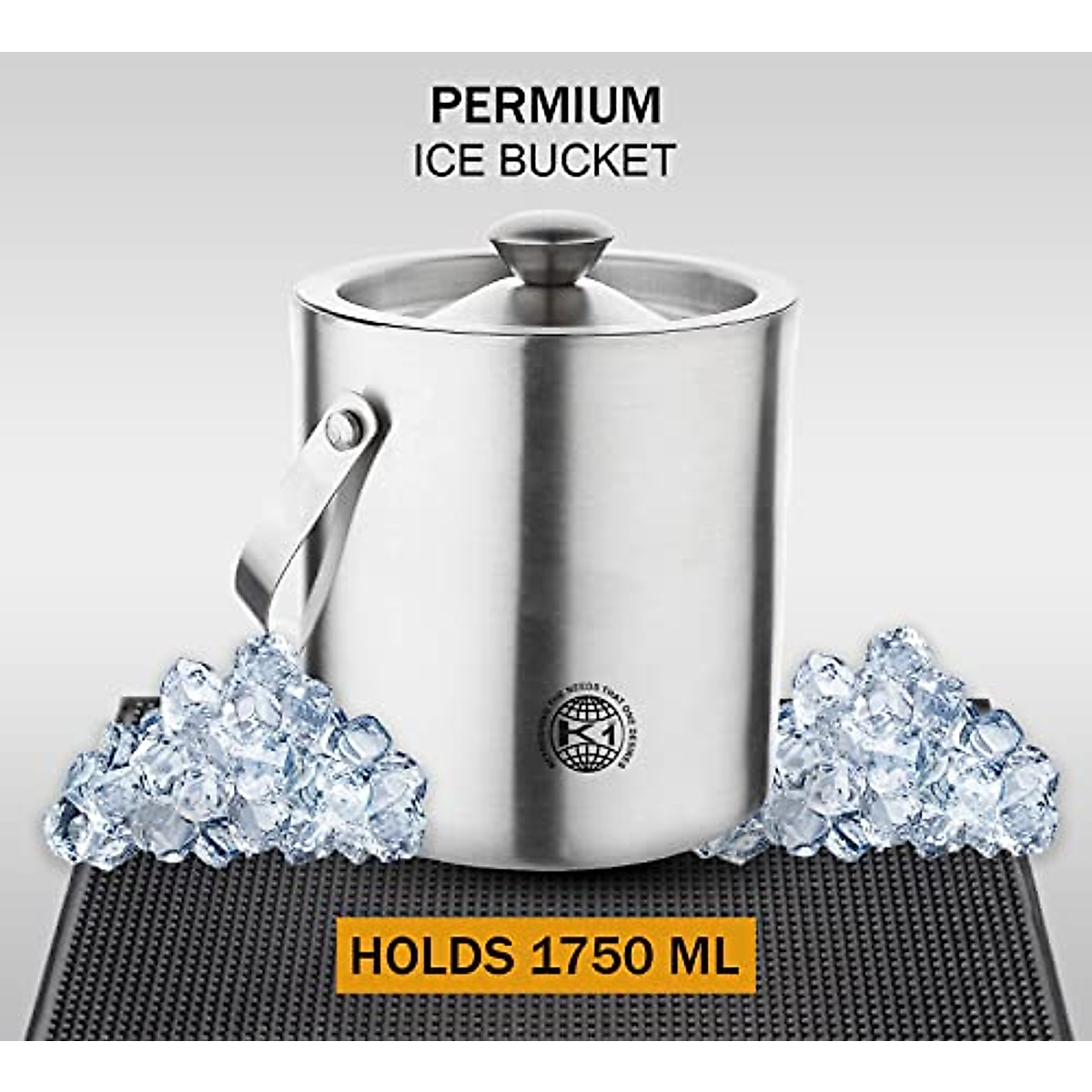 Ice Bucket With Lid, Insulated Black Ice Bucket for Cocktail Bar with Ice Tong, Double Walled Stainless Steel, 1.75 L, 1.84 Quarts, Ice Cold For 6 h with Handle (Silver)
