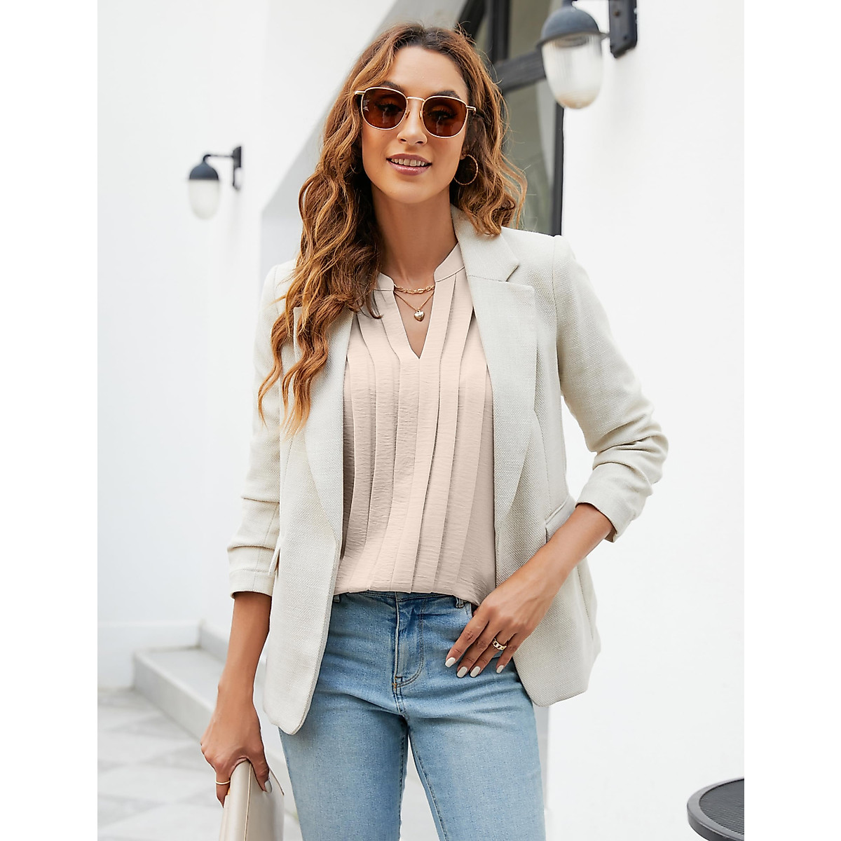 Blooming Jelly Women's Dressy Casual Blouses Business Work Tunic Tops Cute Long Sleeve V Neck Pleated Shirts 2025 Fall Outfits (Apricot,Small)