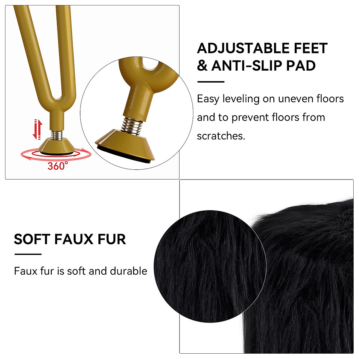 RunLexi Vanity Stool Chair with Storage, Faux Fur Makeup Room Seat Stool, Soft Padded Seat, Round Footrest Footstools with 4 Metal Legs & Adjustable Footings, Vanity, Bathroom, Bedroom Chairs Black