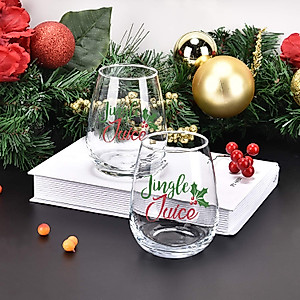 Jingle Juice Christmas Wine Glass, 15 Oz Funny Stemless Wine Glasses for Women Friends Men, Gift Idea for Christmas Wedding Party, Set of 2
