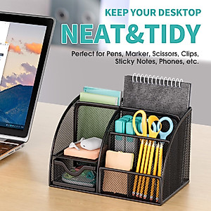 MaxGear Mesh Desk Organizer Office Desktop Organizer with Drawer, Metal Stationary Organizer Black Desk Caddy, 6 Compartments, 8.7 x 5.5 x 5 inch, 1 Pack