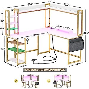 Aheaplus L Shaped Desk with Power Outlet, L Shaped Gaming Desk with Led Light & Hutch, Reversible Home Office Desk, Corner Computer Desk Writing Desk with Monitor Stand & Storage Shelf, White+Gold